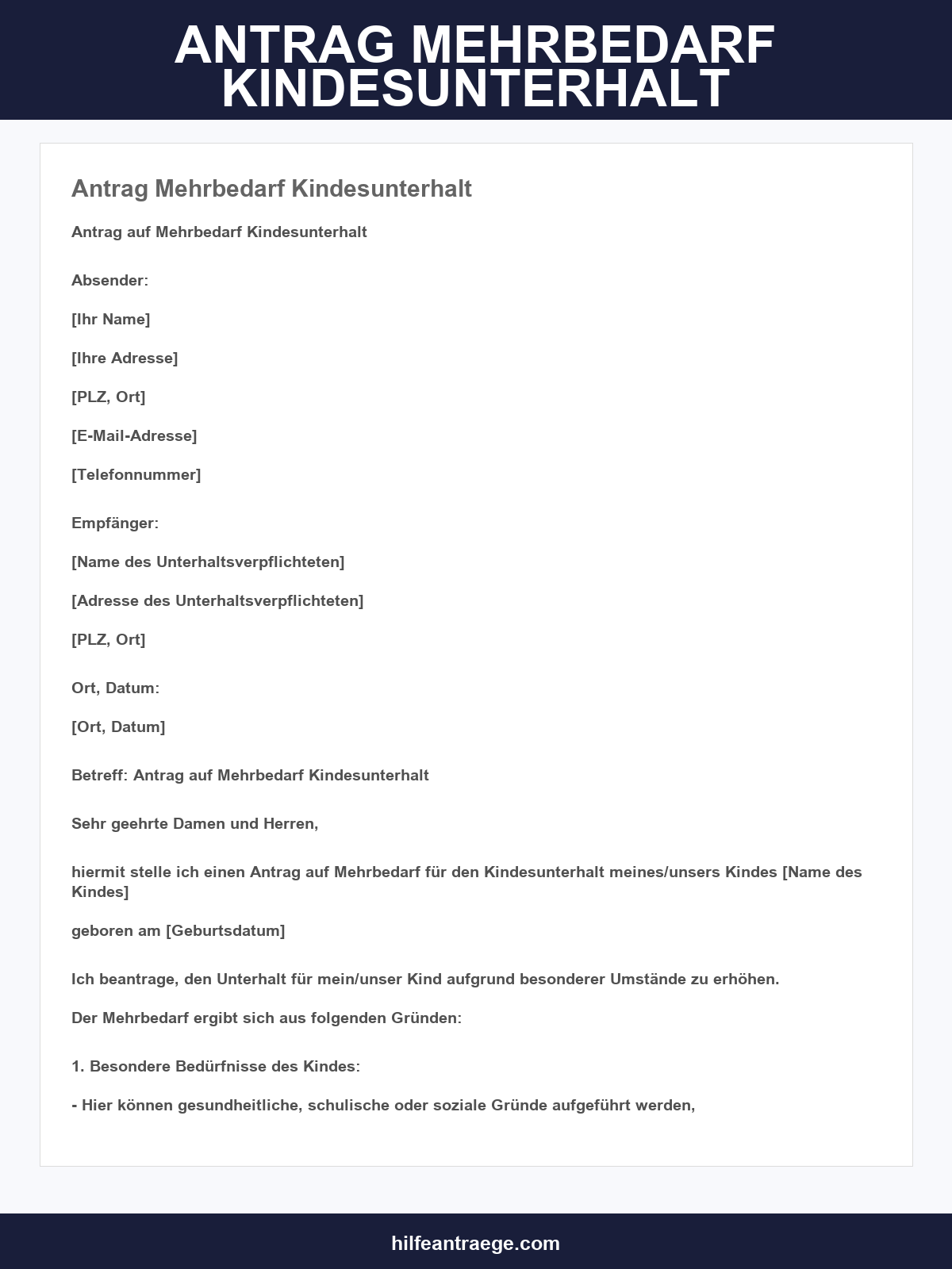 Antrag Mehrbedarf Kindesunterhalt Muster
