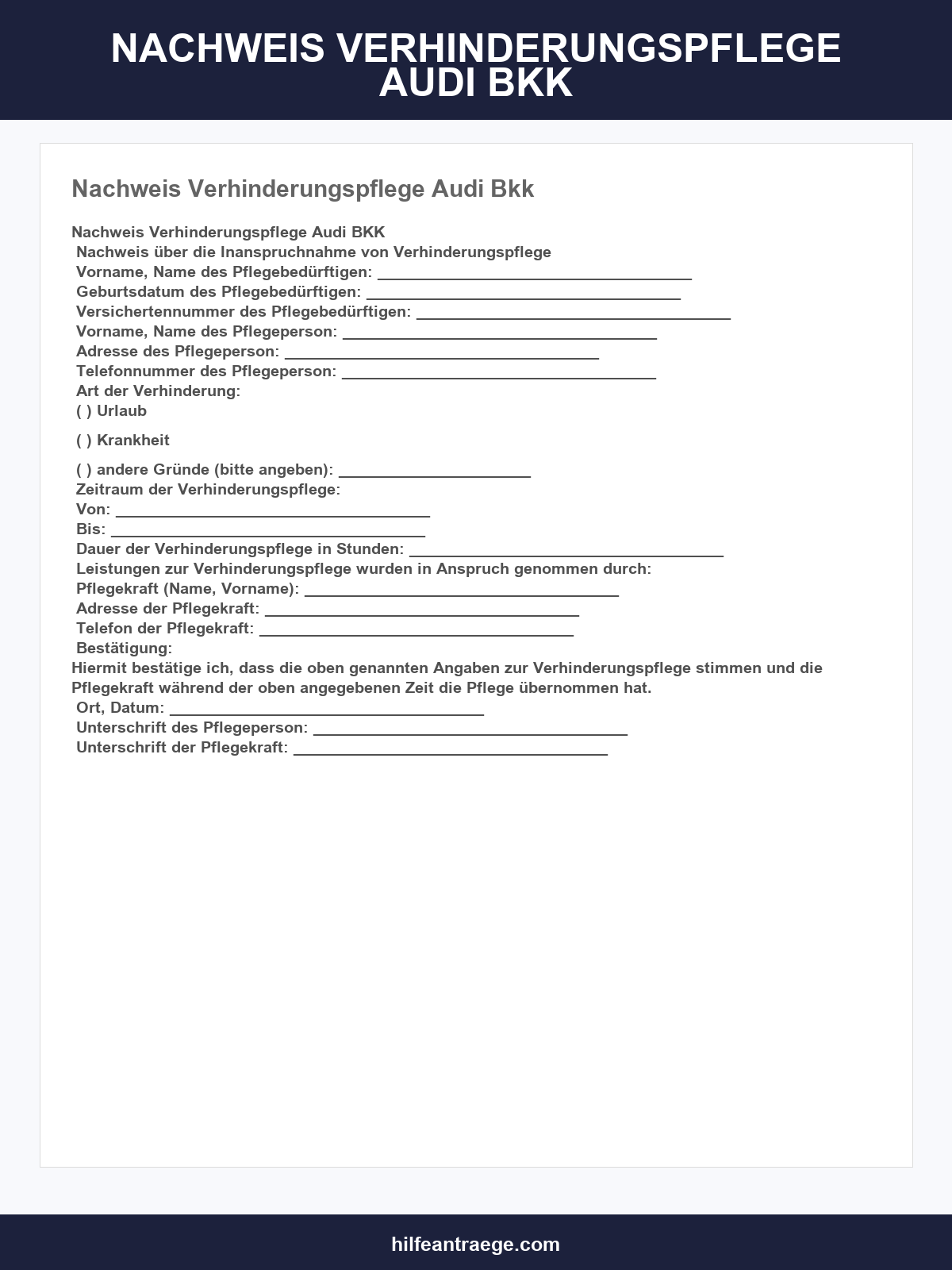 Nachweis Verhinderungspflege Audi Bkk