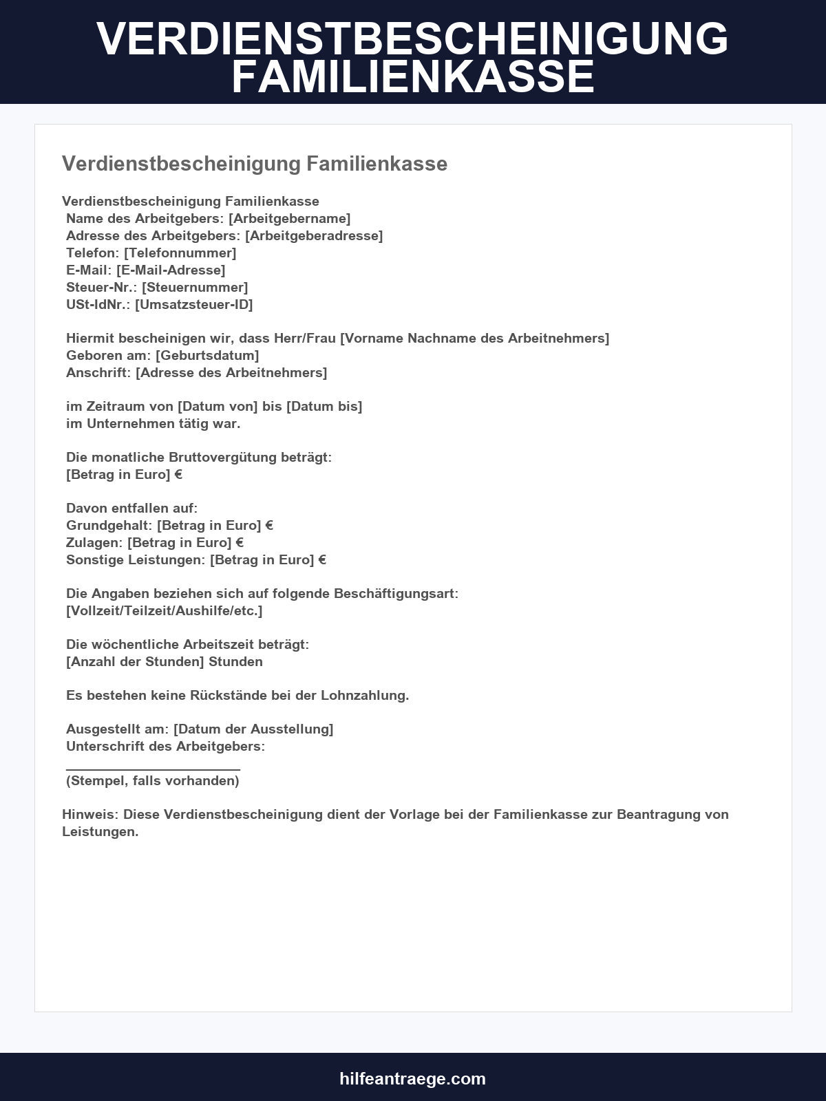Verdienstbescheinigung Familienkasse